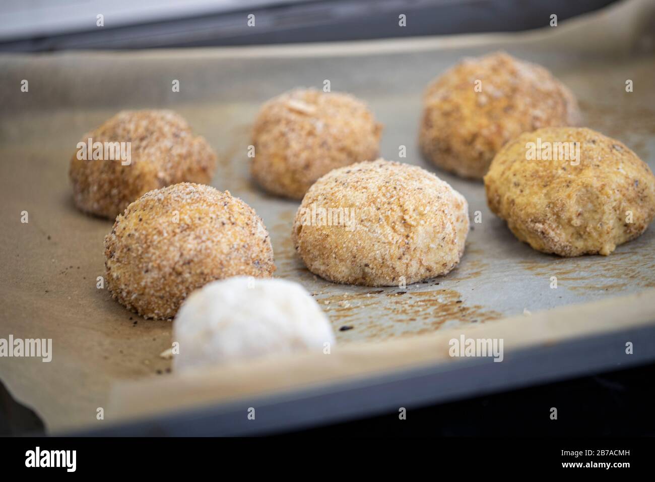 Messy dirty bread preparing and baking process with tools pots and mess ...