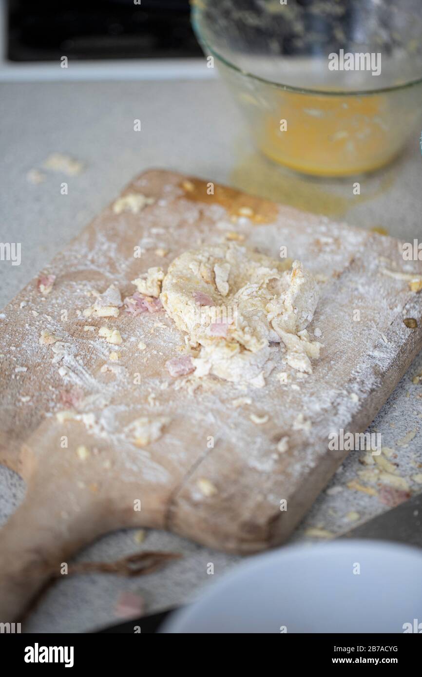 Messy dirty bread preparing and baking process with tools pots and mess ...