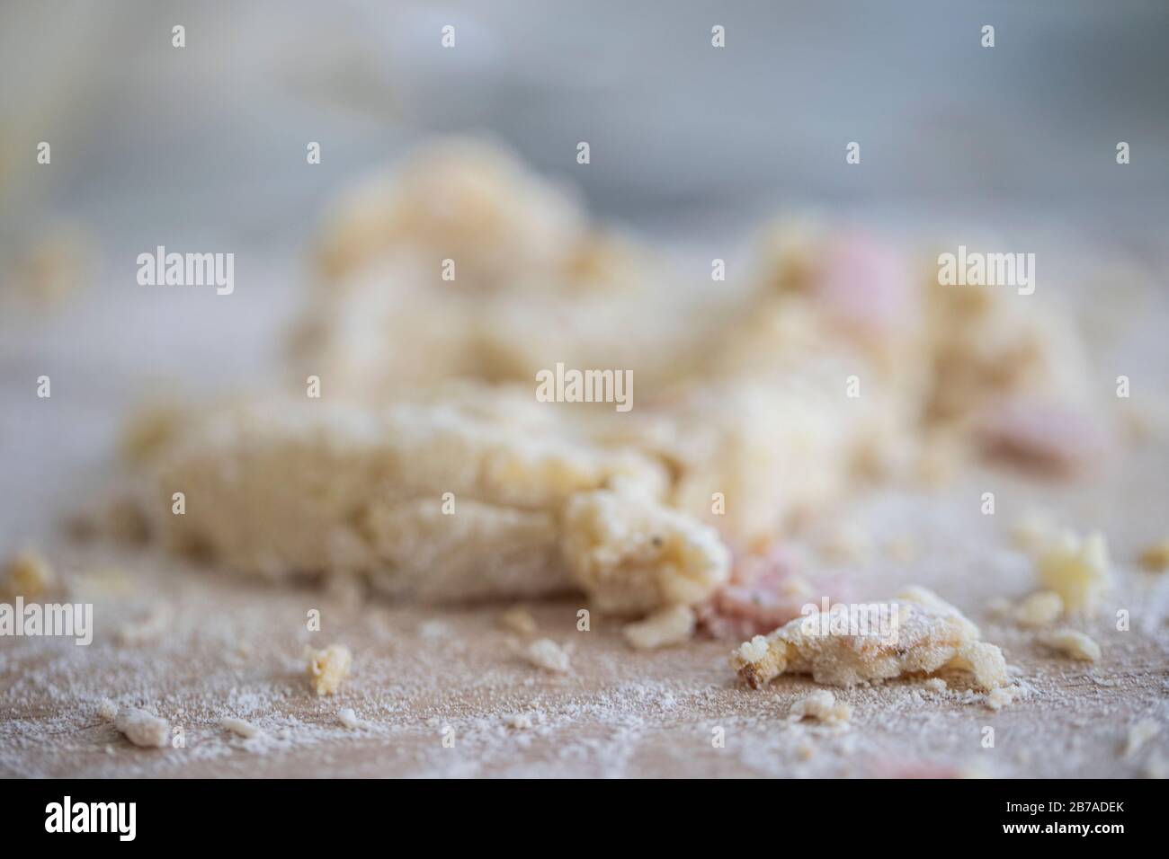 Messy dirty bread preparing and baking process with tools pots and mess ...