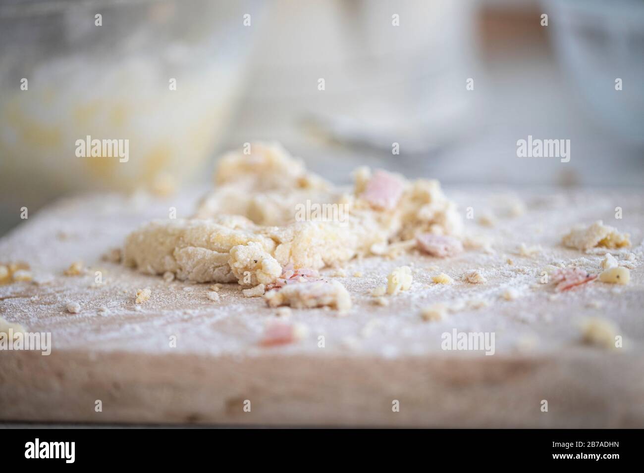 Messy dirty bread preparing and baking process with tools pots and mess ...