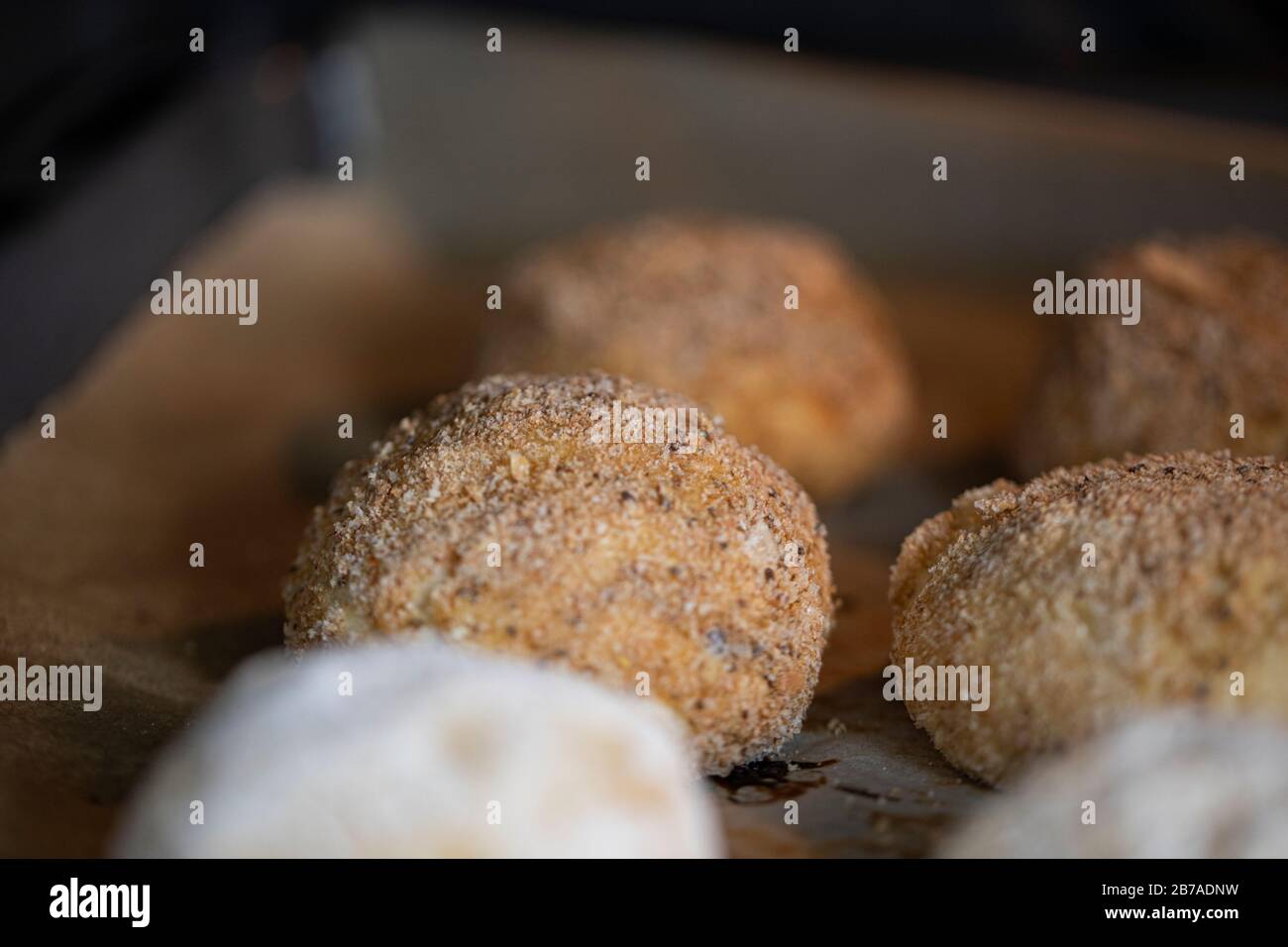 Messy dirty bread preparing and baking process with tools pots and mess ...