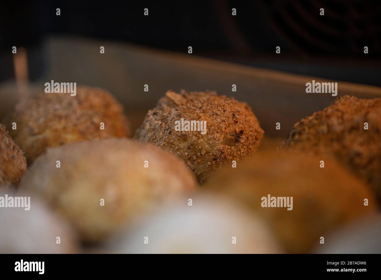 Messy dirty bread preparing and baking process with tools pots and mess ...