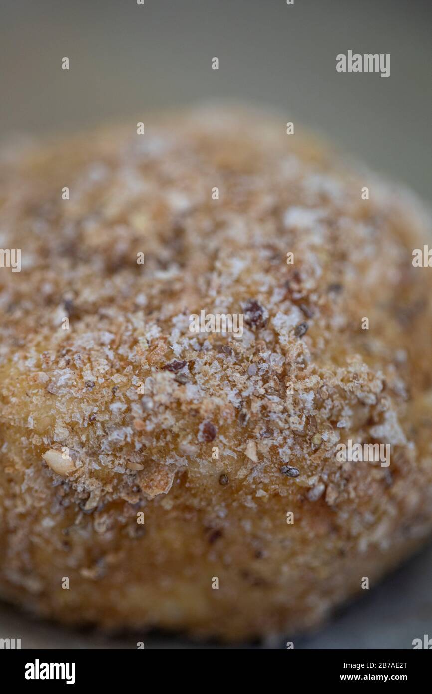 Messy dirty bread preparing and baking process with tools pots and mess ...