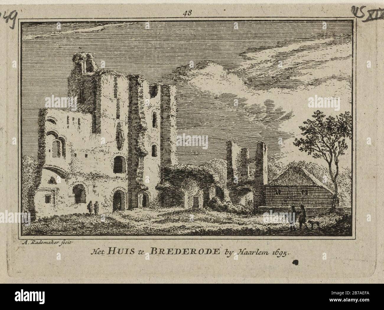 Gezicht op de ruïne van Huis Brederode nabij Haarlem, in de situatie ...