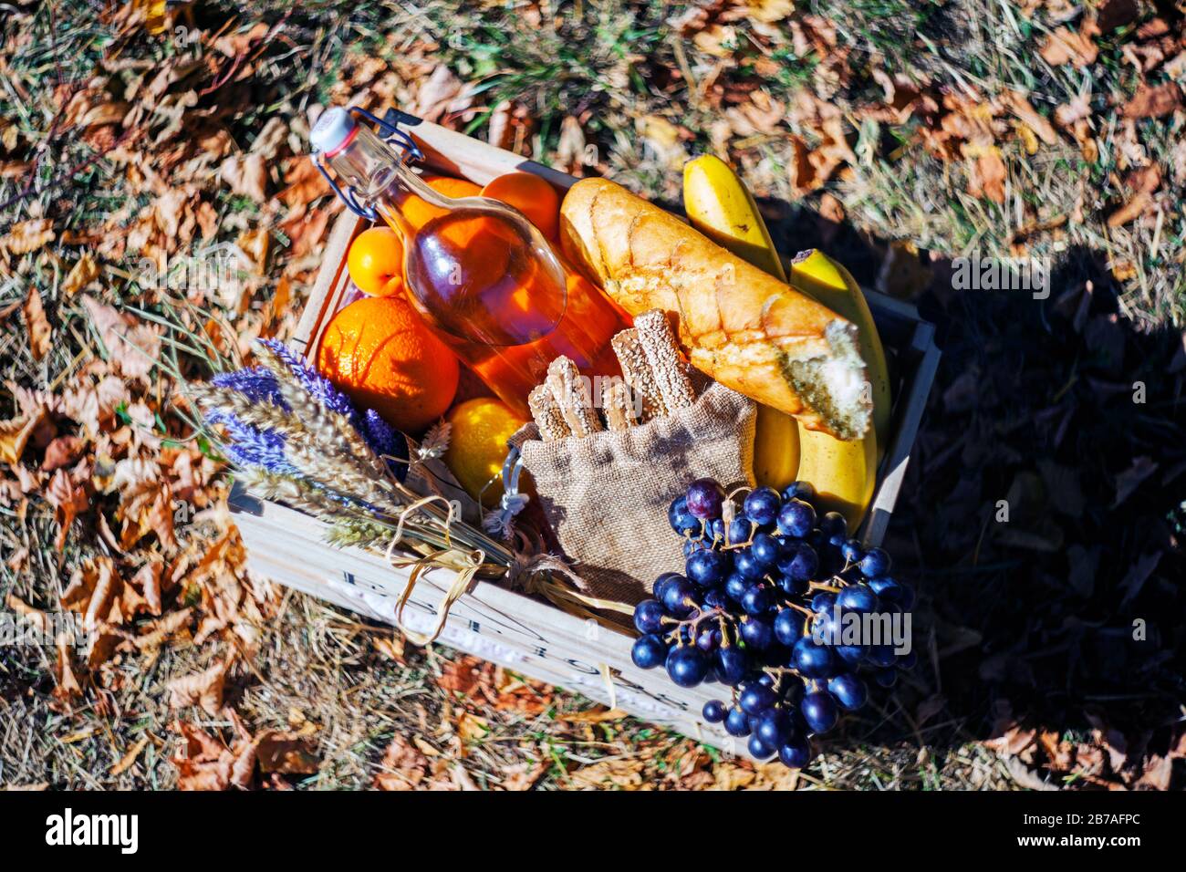 autumn picnic wooden box with fruits-grapes, bananas, Oranges and ...