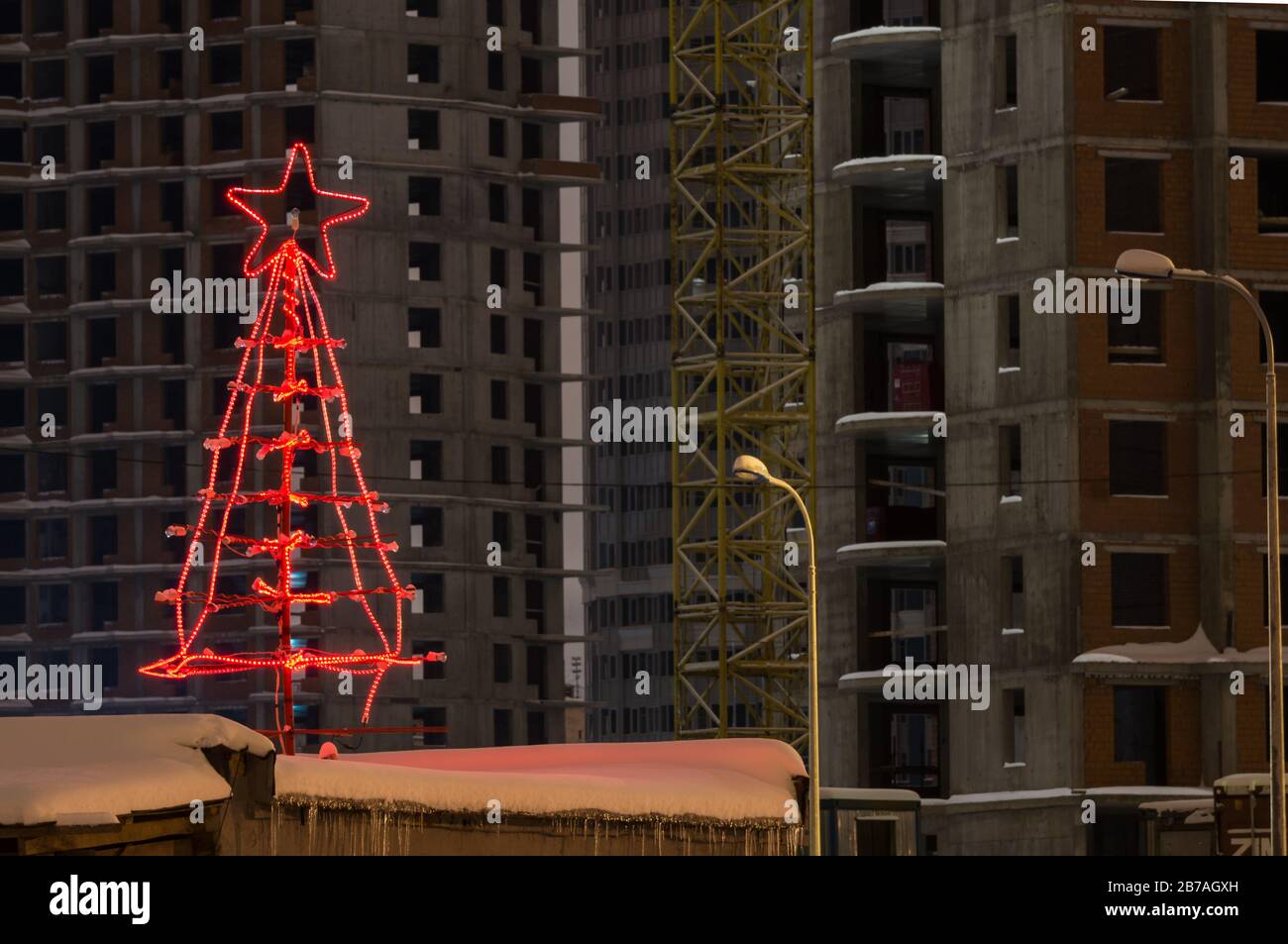 Improvised Christmas tree on a construction site of a residential ...