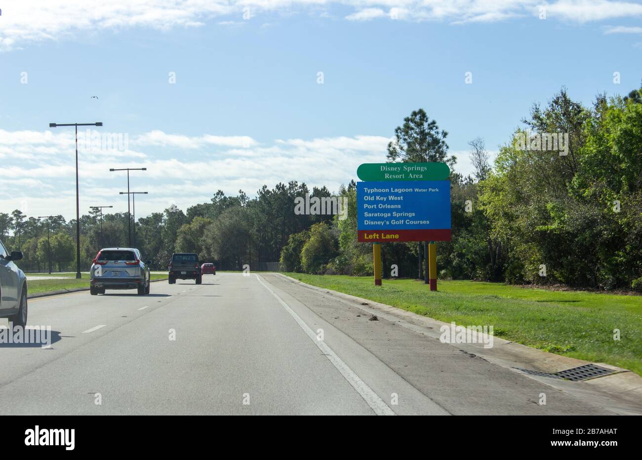 February 23, 2020 - Orlando, Florida: Sign marking the various resorts ...