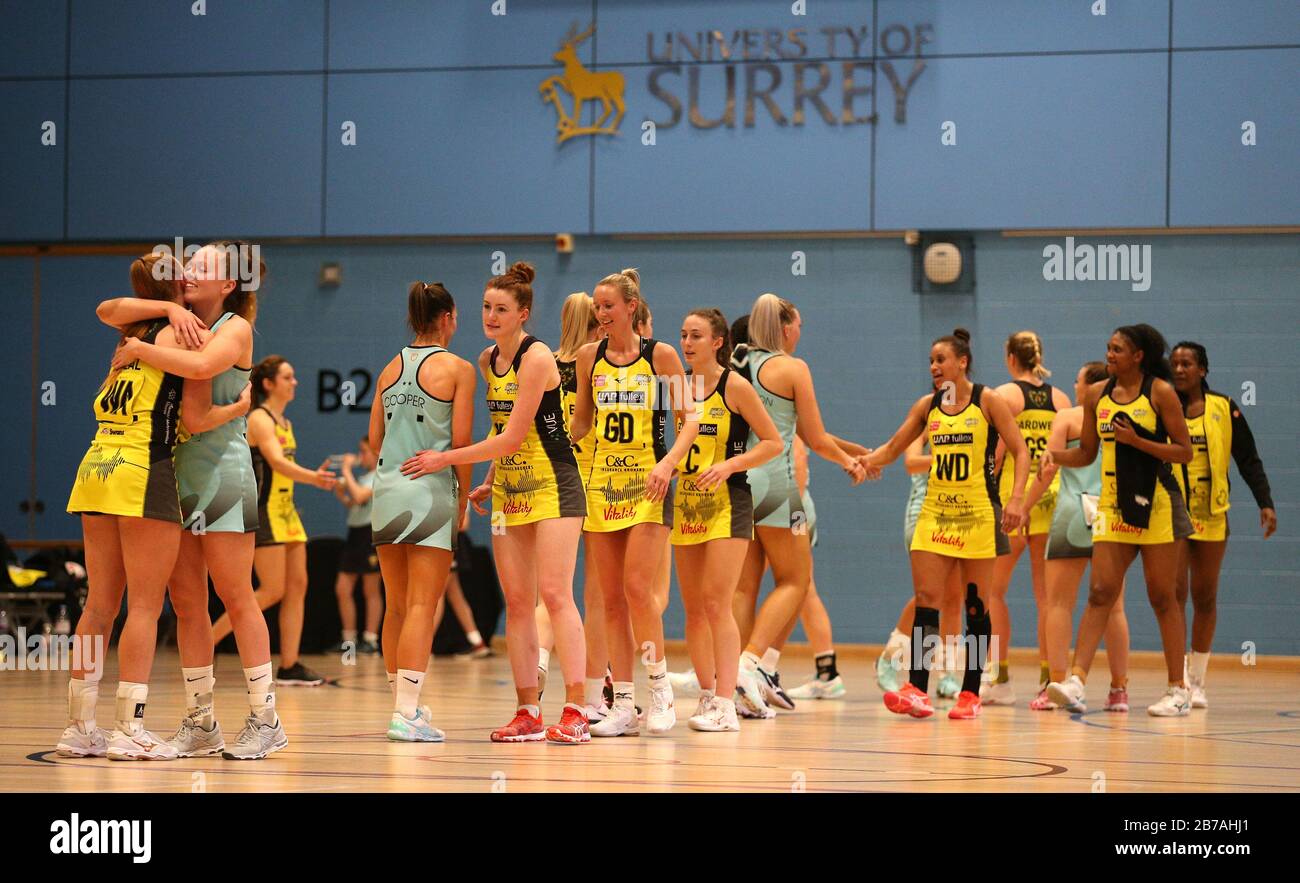 Surrey Storm's and Manchester Thunder's players congratulate each other ...