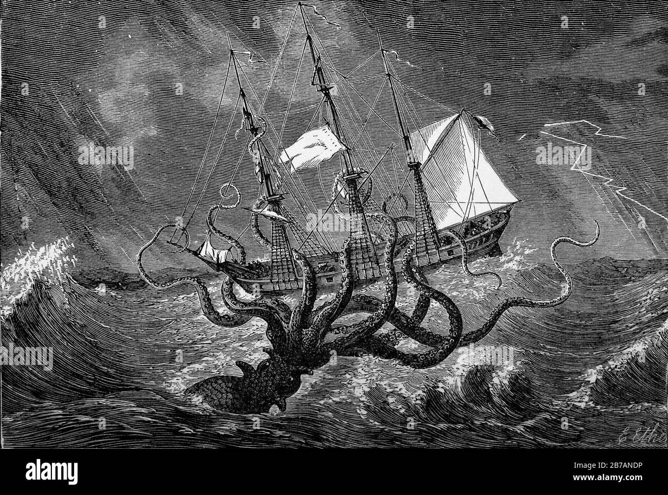 Giant octopus attacks ship Stock Photo - Alamy