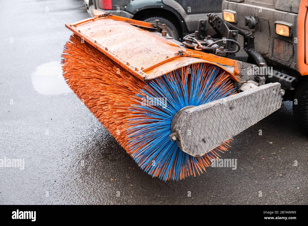 Special street cleaning machine with brushes. Close up Stock Photo - Alamy