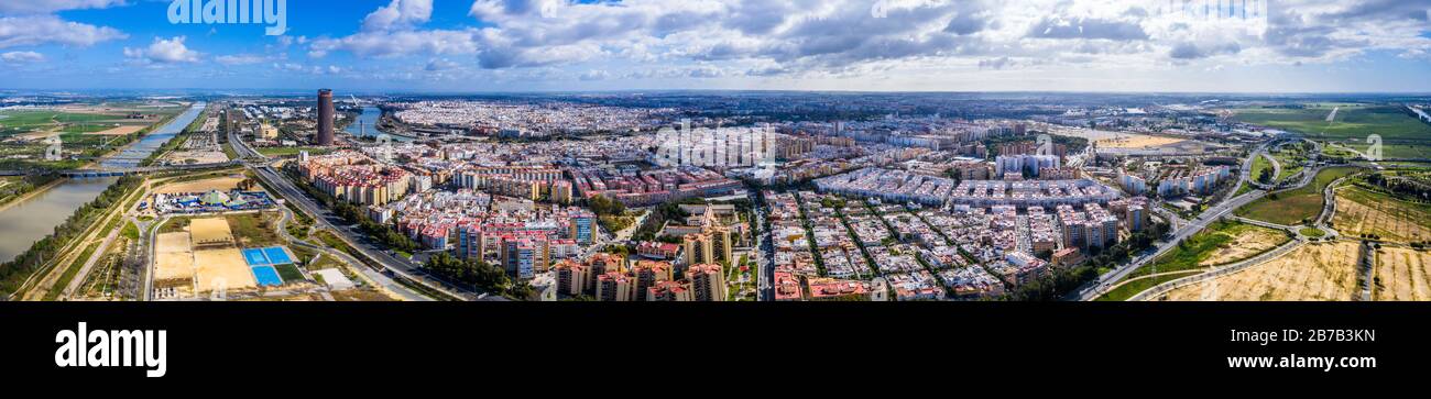 Sevilla city. Beautiful Aerial Panorama Shot. Centre and its landmarks ...