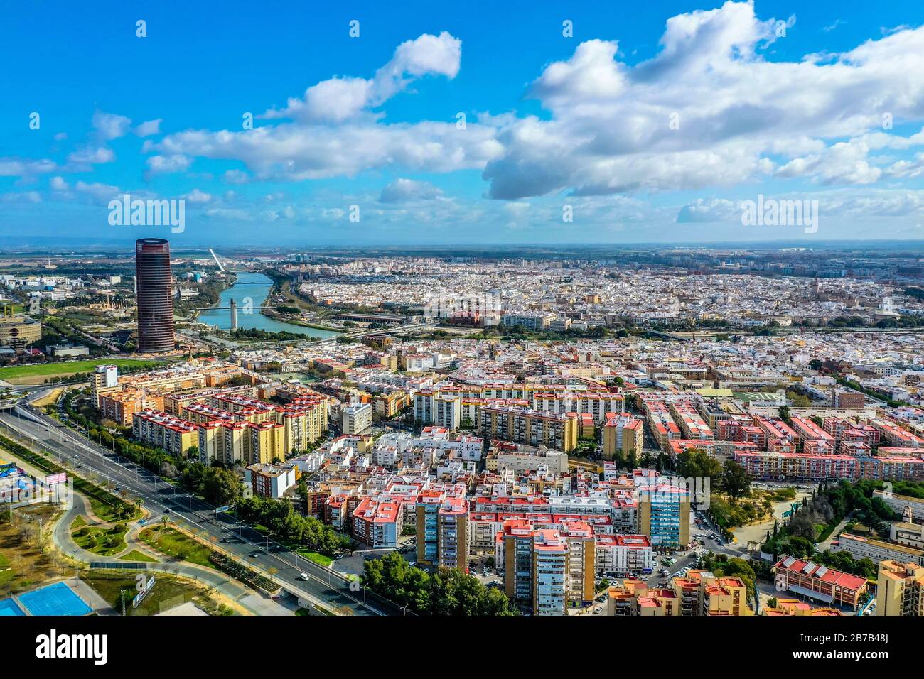 Sevilla city. Beautiful Aerial Panorama Shot. Centre and its landmarks ...