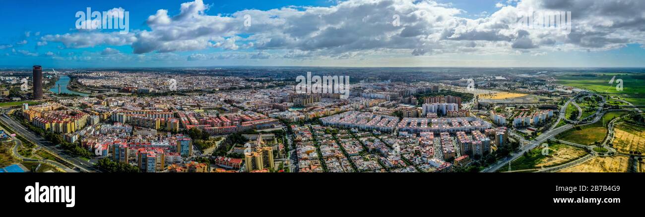 Sevilla city. Beautiful Aerial Panorama Shot. Centre and its landmarks ...