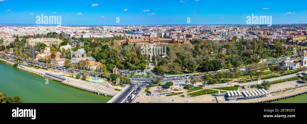 Sevilla city. Beautiful Aerial Panorama Shot. Centre and its landmarks ...