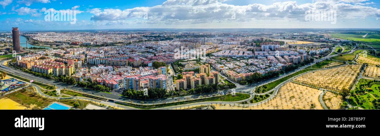 Sevilla city. Beautiful Aerial Panorama Shot. Centre and its landmarks ...