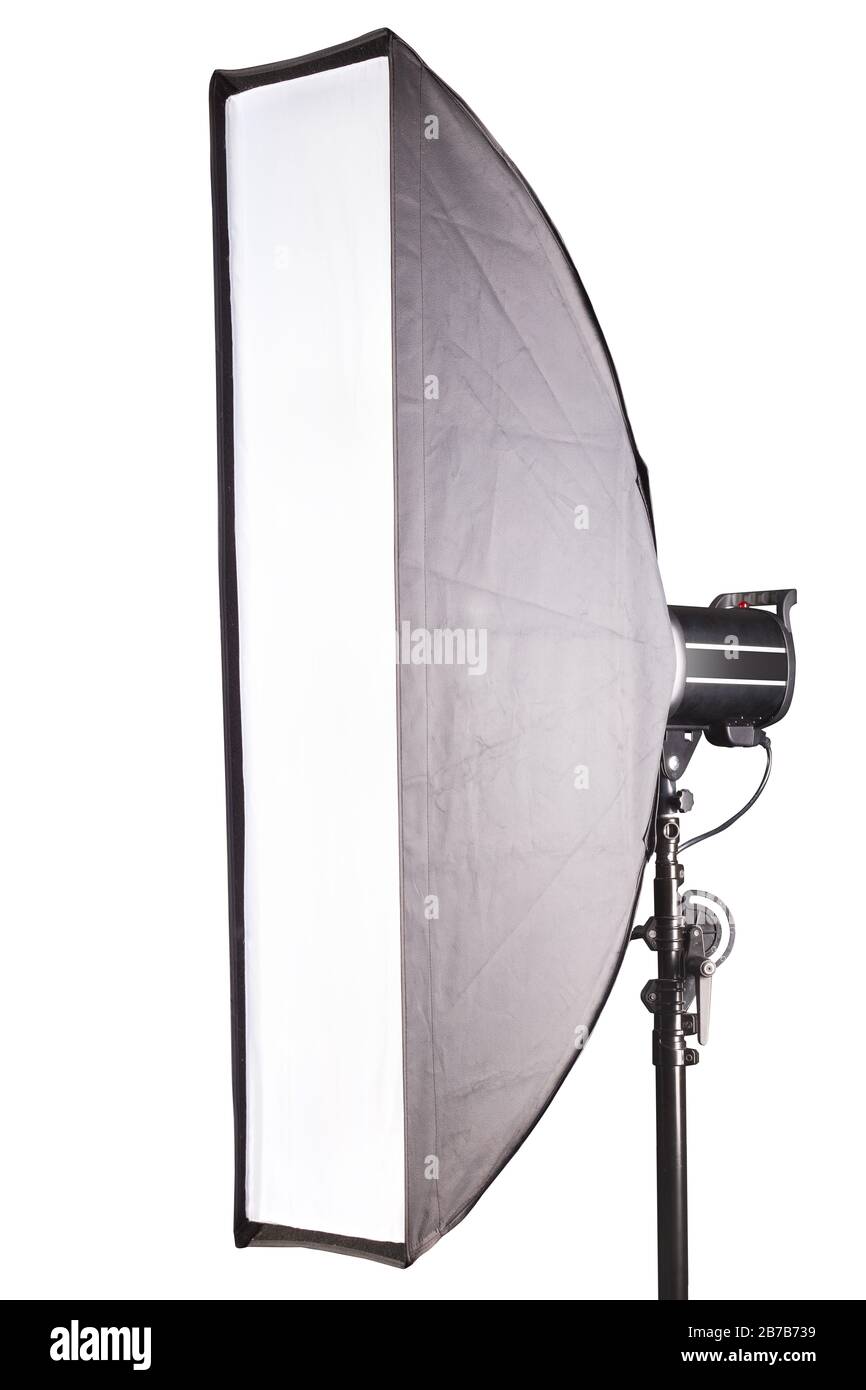 Photography studio flash with softbox isolated on white background with ...