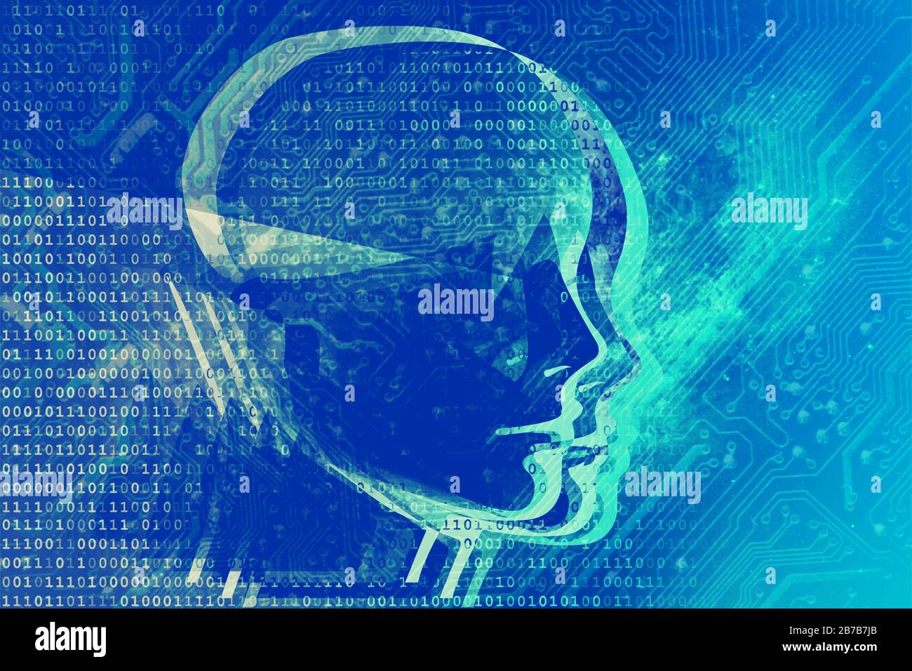 Artificial intelligence abstract illustration including woman head ...