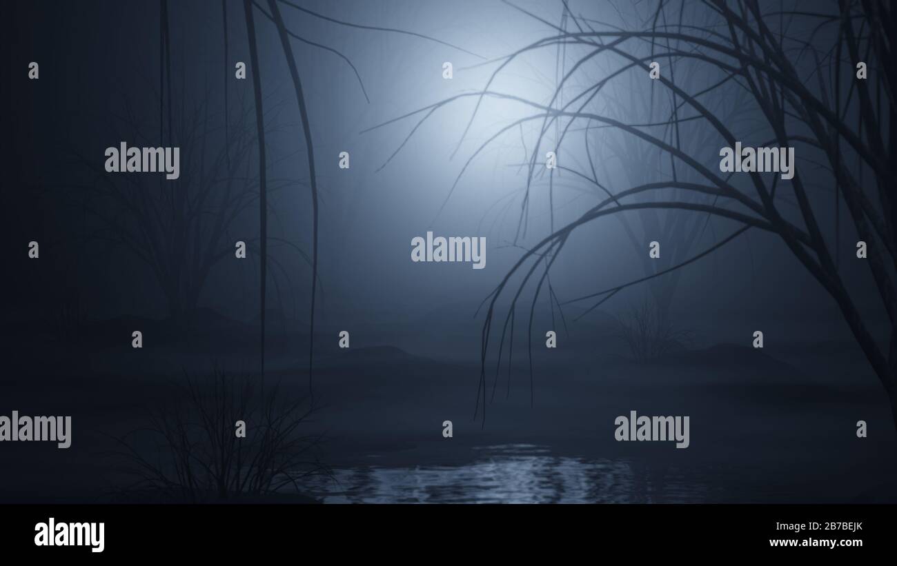 creepy swamp forest at night with moonlight 3d rendering illustration ...