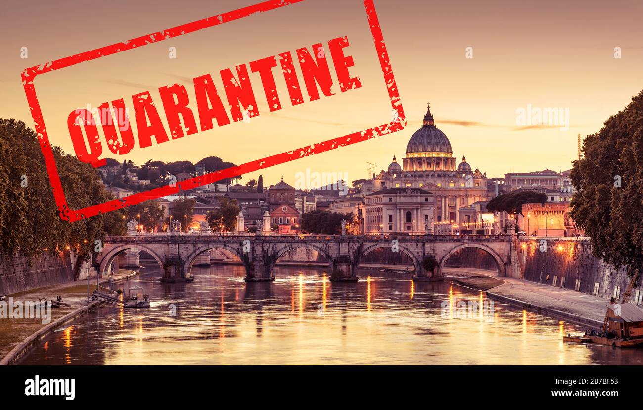 COVID-19 coronavirus in Italy, stamp Quarantine in photo of Rome and ...