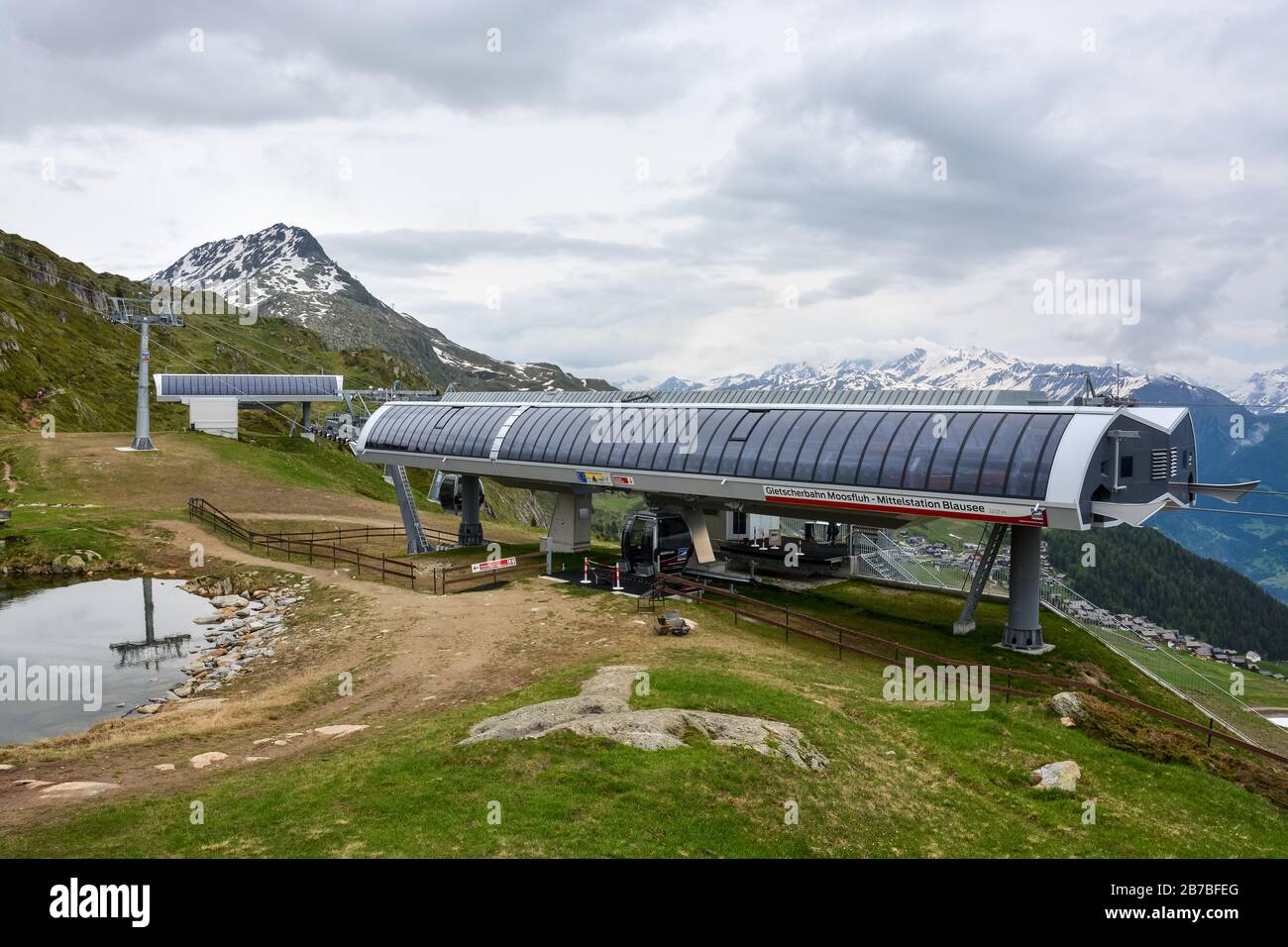 Gondola station Moosfluh near Bettmeralp and Aletsch glacier in the ...