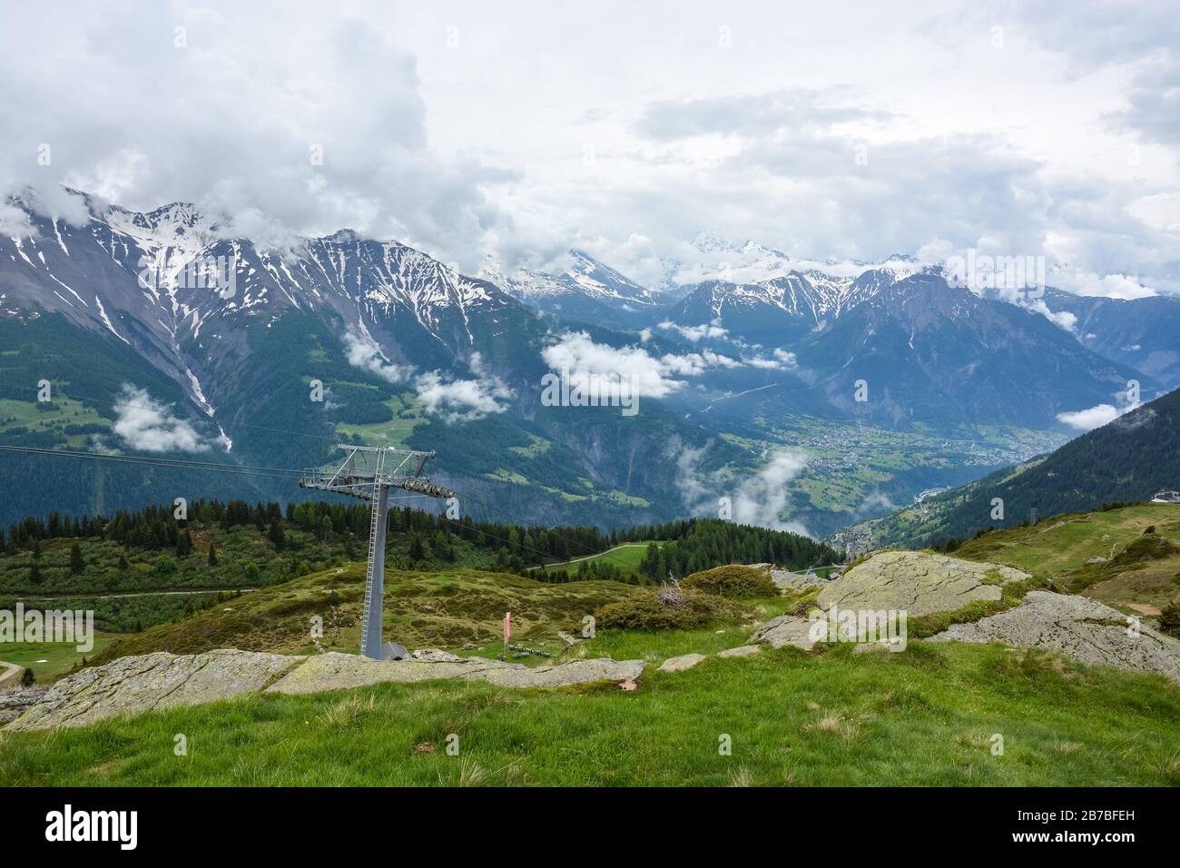 Gondola station Moosfluh near Bettmeralp and Aletsch glacier in the ...
