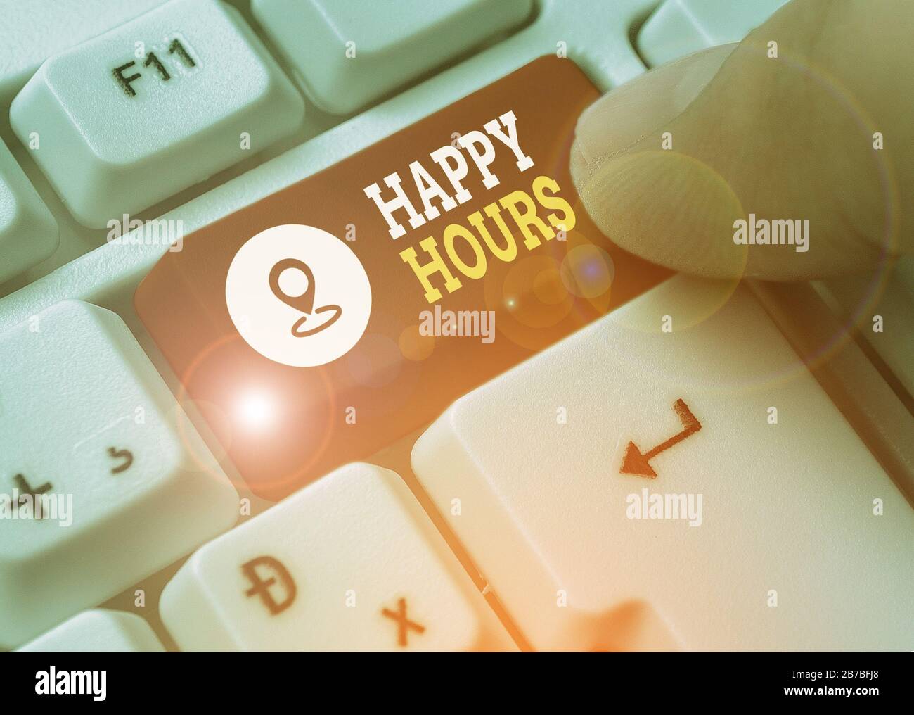 Writing note showing Happy Hours. Business concept for when drinks are ...