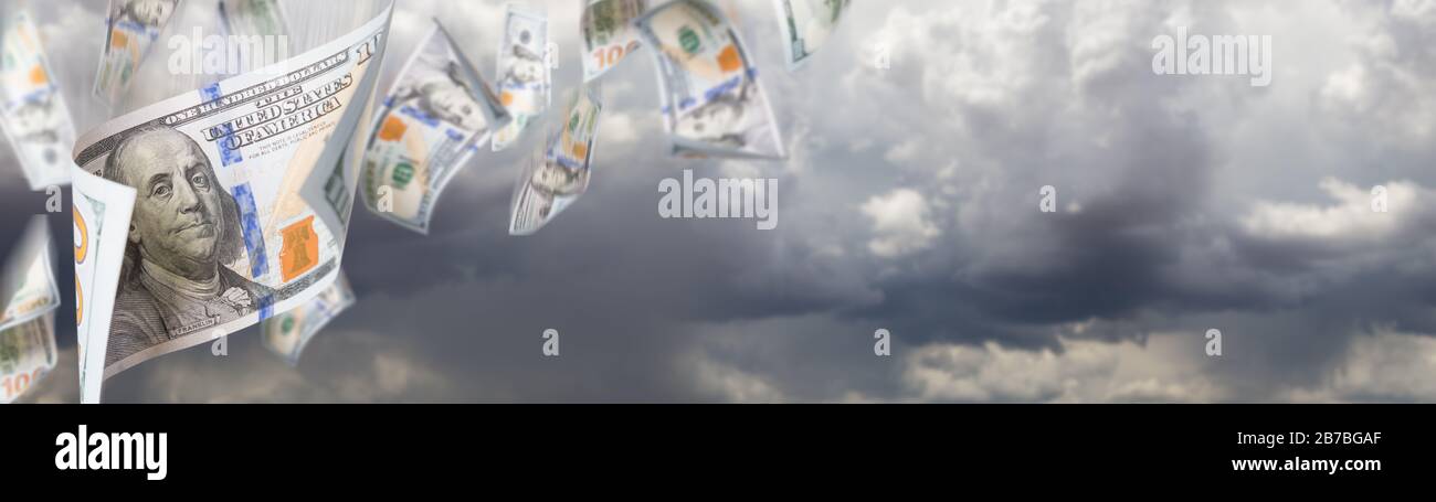 Several 100 Dollar Bills Falling From Stormy Cloudy Sky Banner Stock ...