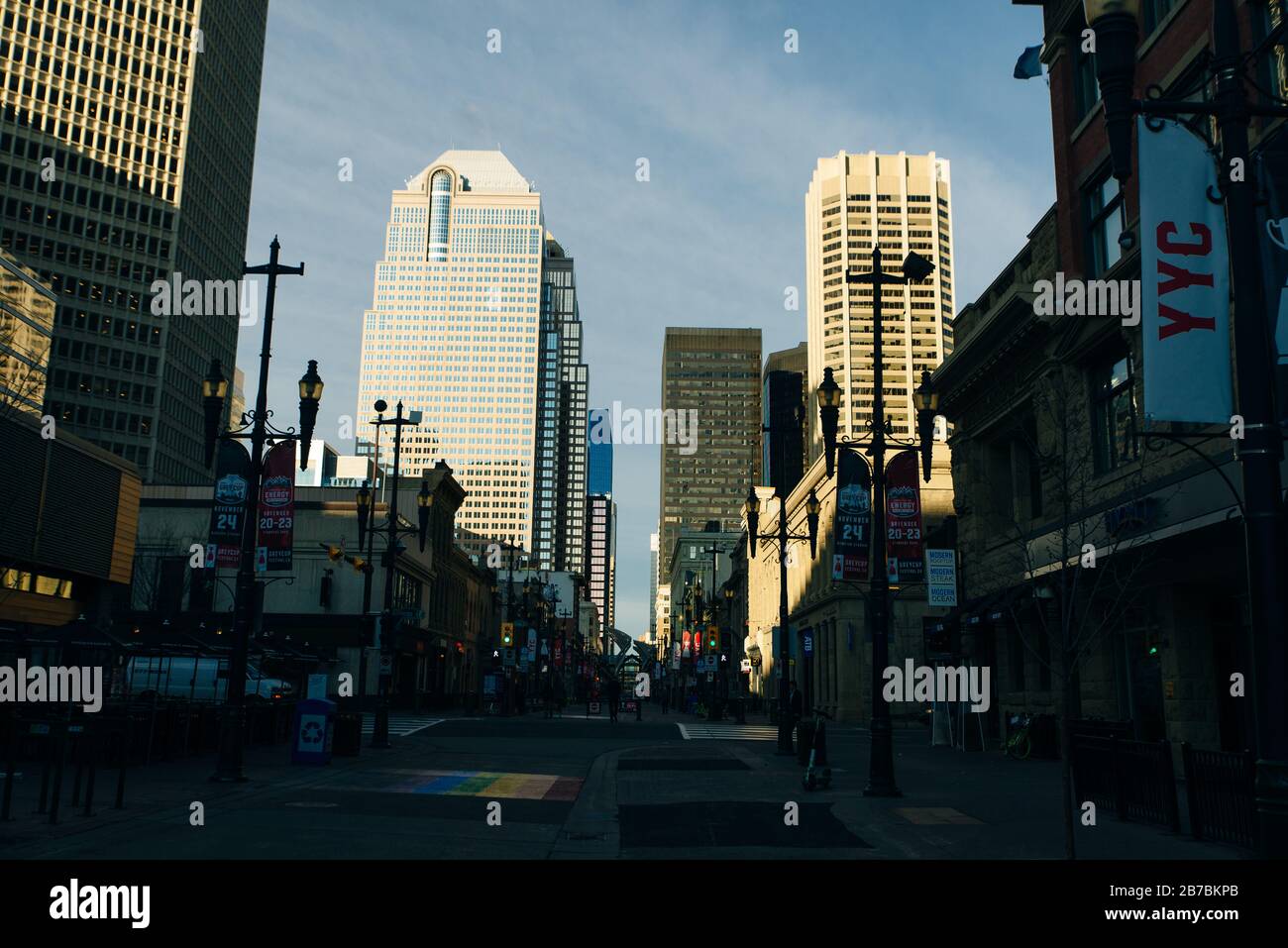 view of Calgary downtown on Centre Street showing tall corporate office ...