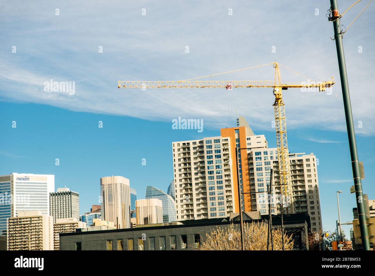 view of Calgary downtown on Centre Street showing tall corporate office ...