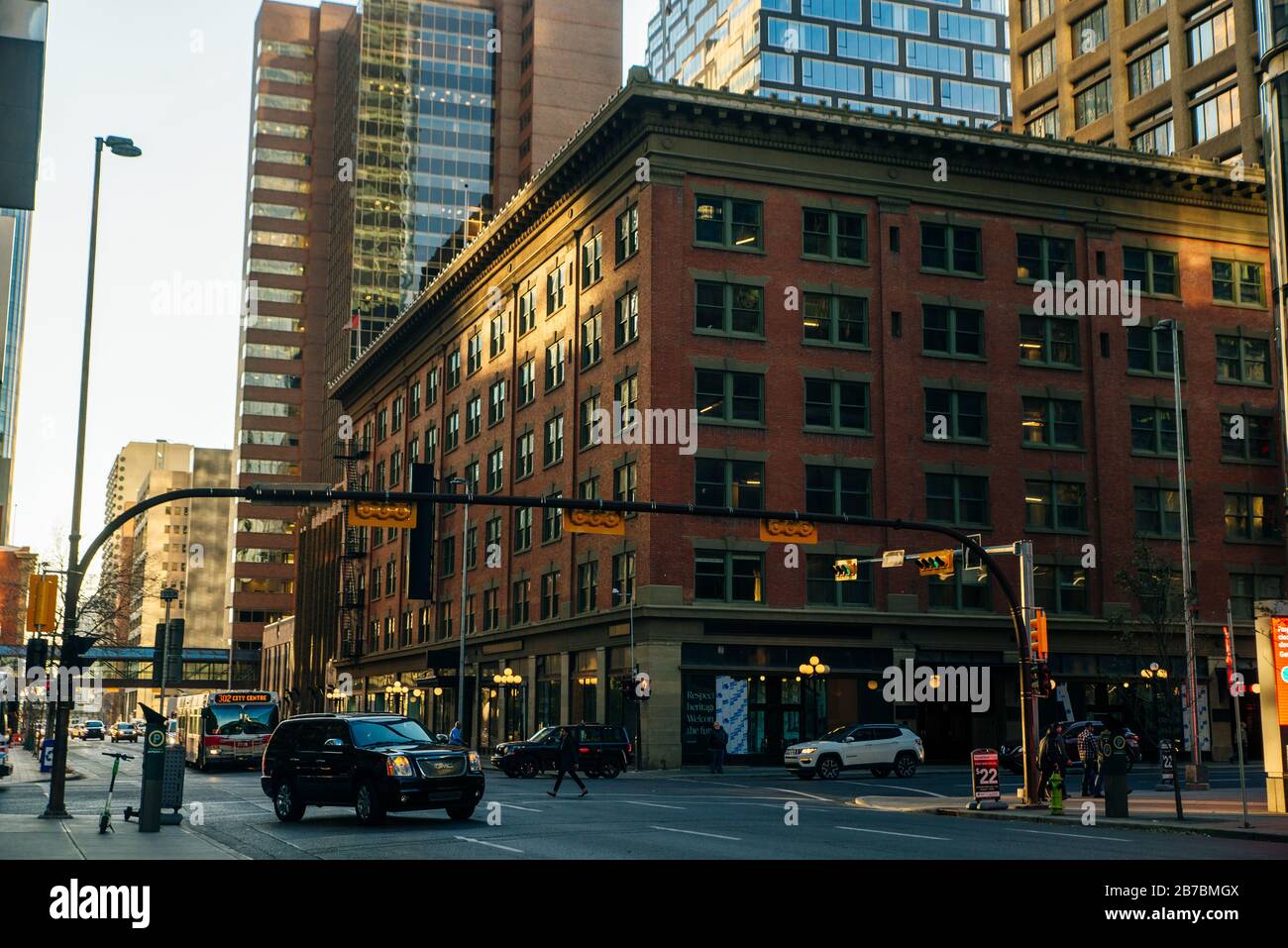 view of Calgary downtown on Centre Street showing tall corporate office ...