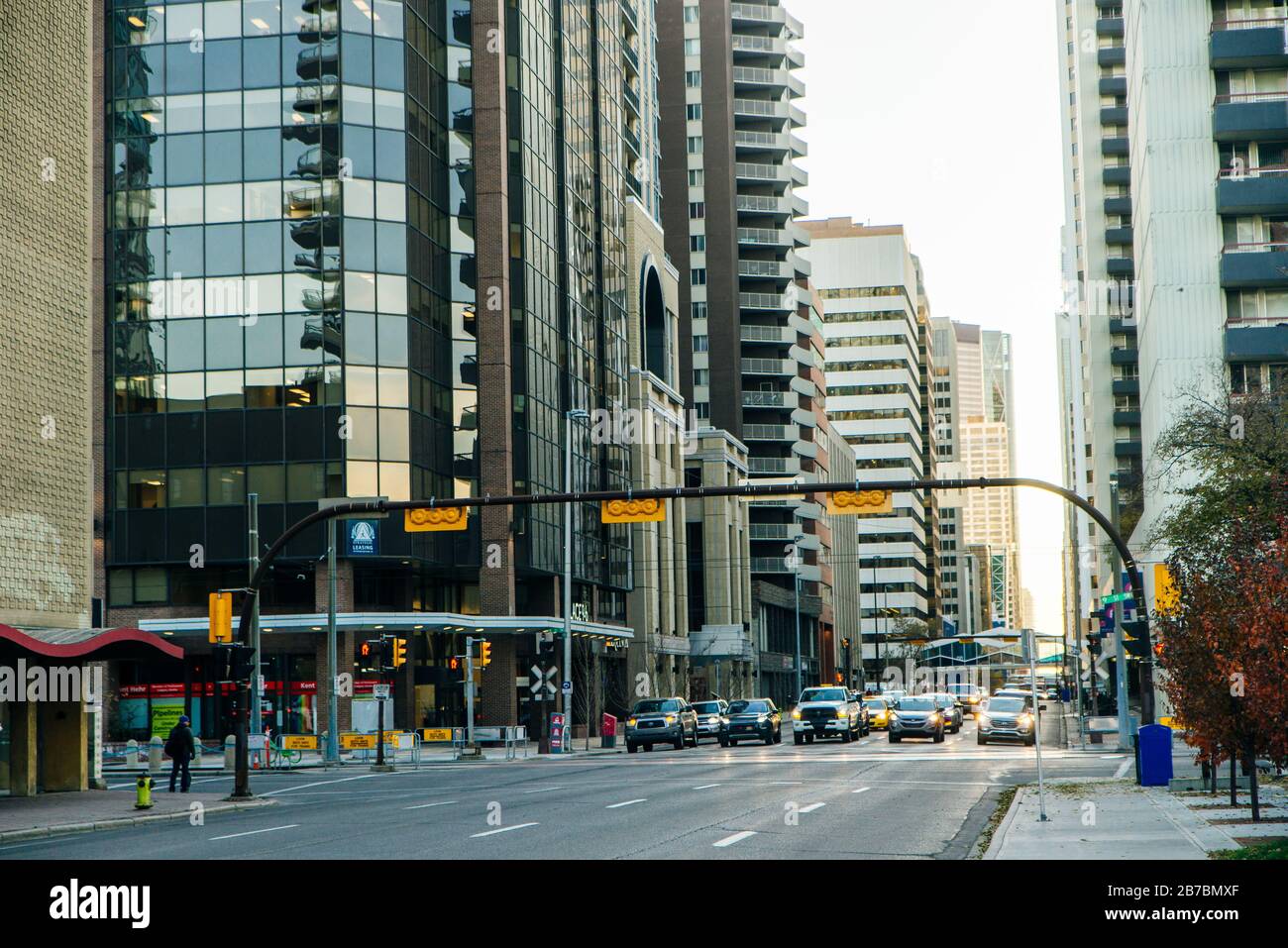 view of Calgary downtown on Centre Street showing tall corporate office ...