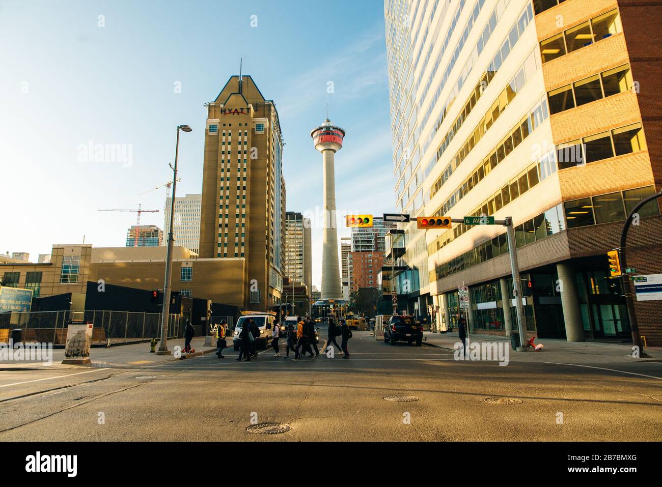 view of Calgary downtown on Centre Street showing tall corporate office ...