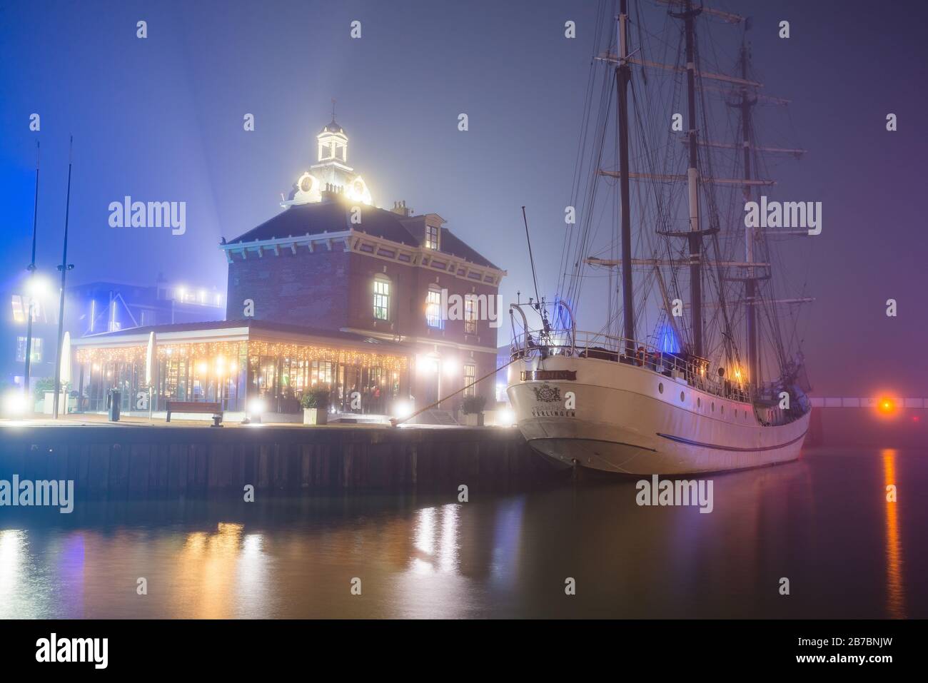 Harlingen, Netherlands - January 09, 2020. Port of Harlingen in fog at ...