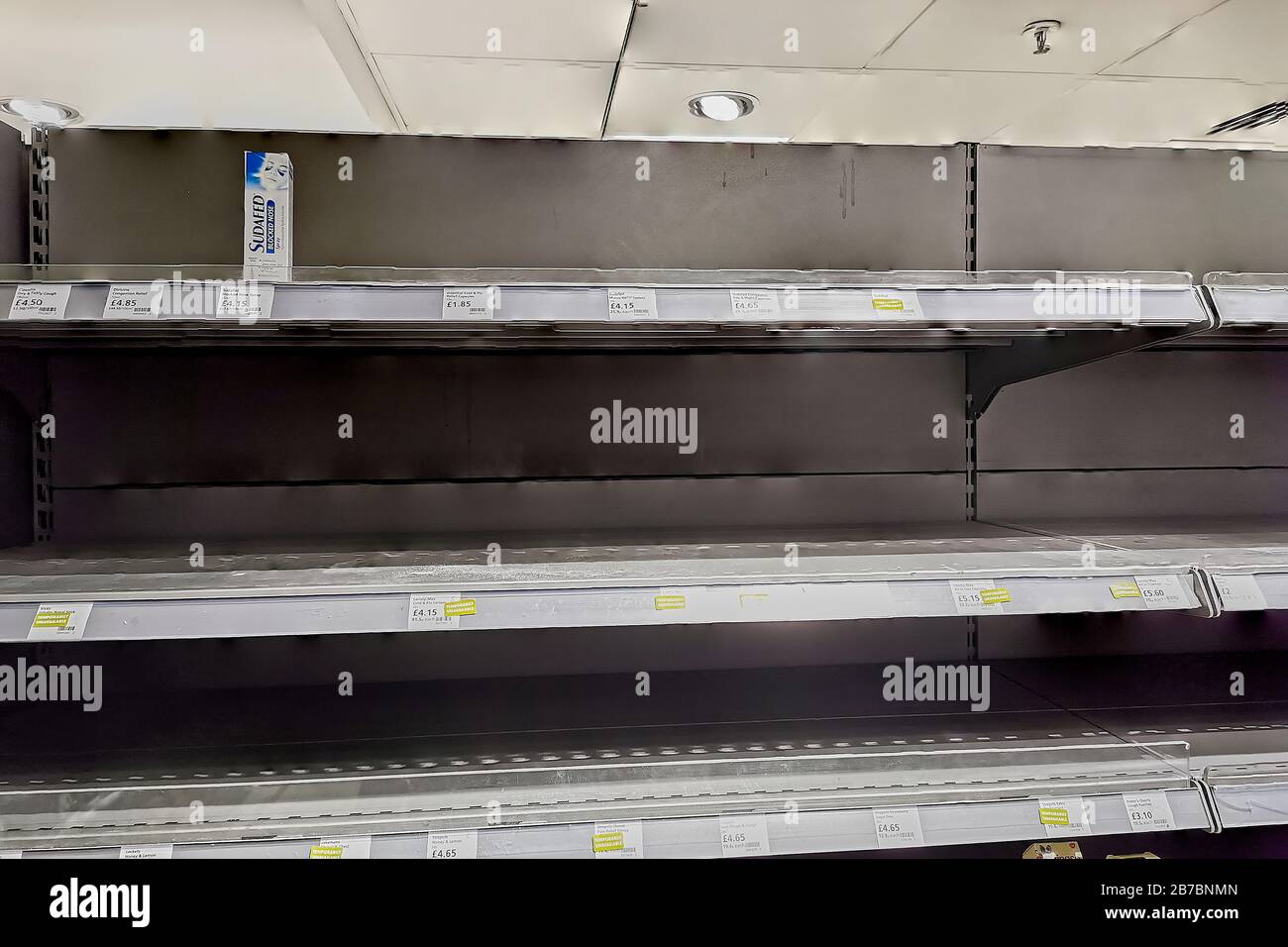 Empty cold flu congestion sore throat medication shelves due to corona ...