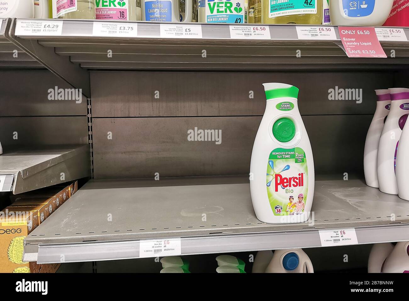 Empty shelves for laundry detergent washing liquid due to corona virus ...