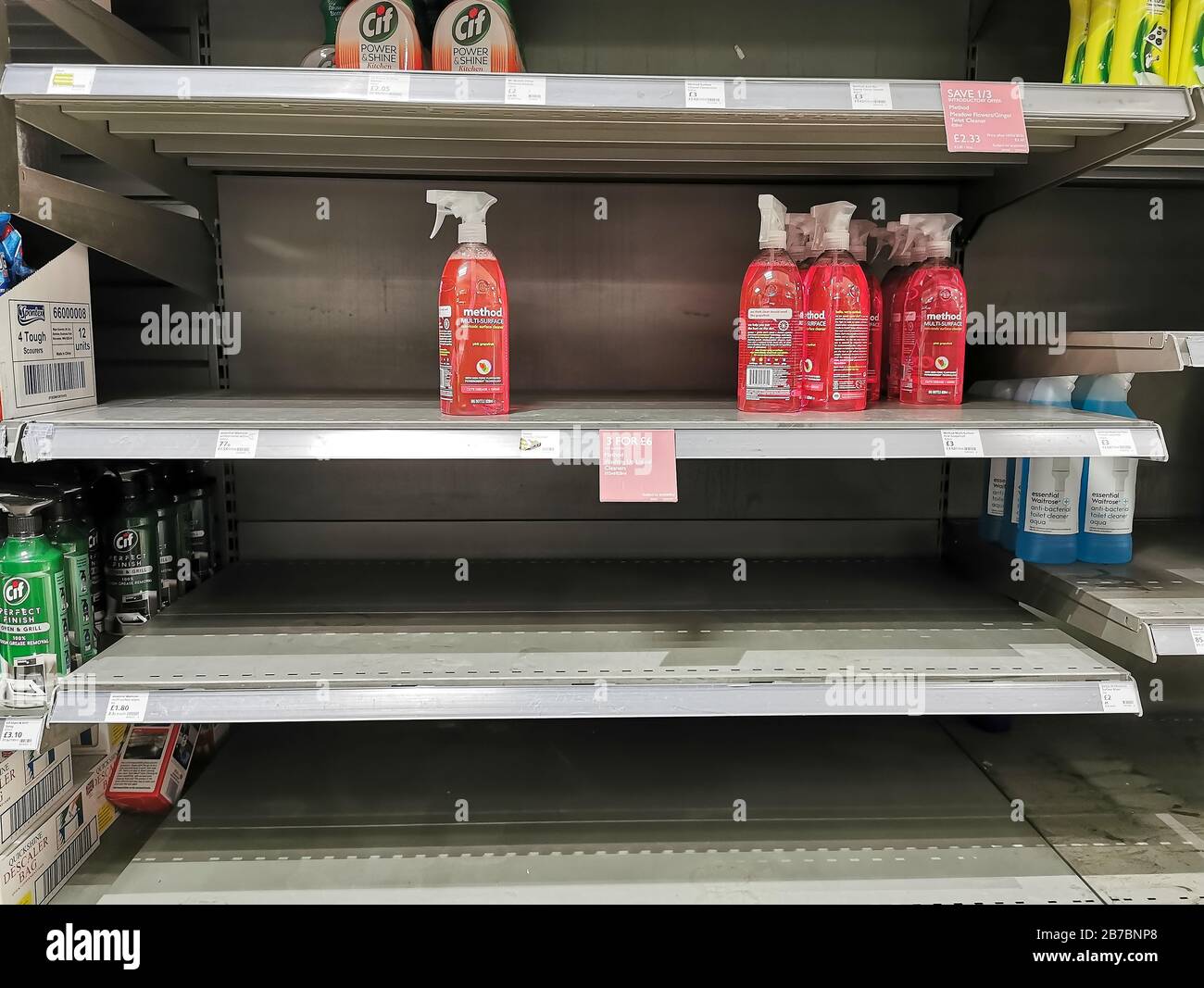 Empty shelves of kitchen washing up liquid and multi-surface cleaning ...