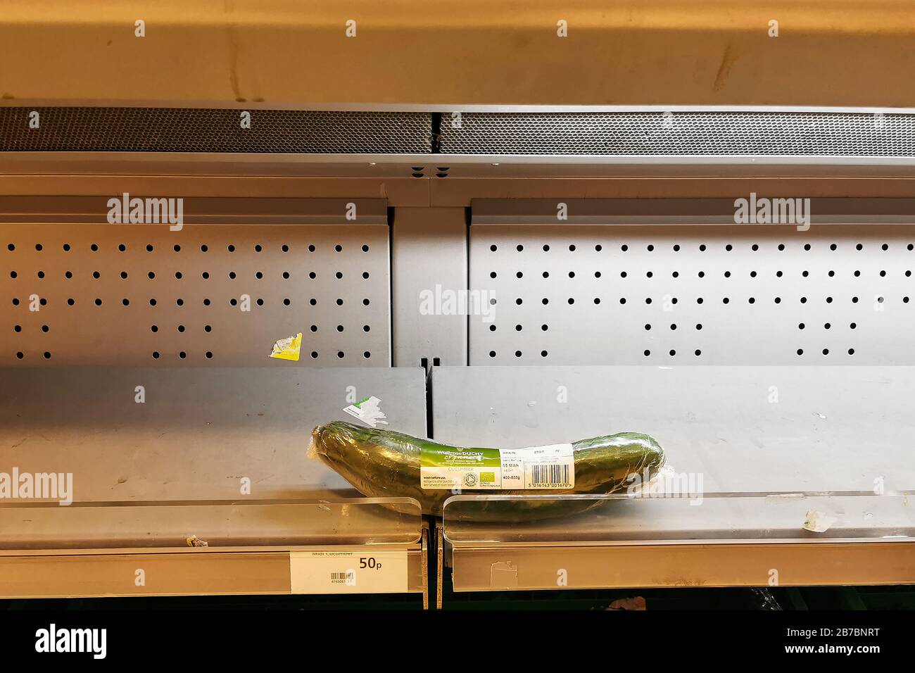 Empty shelves of green cucumber due to corona virus panic hoarding ...