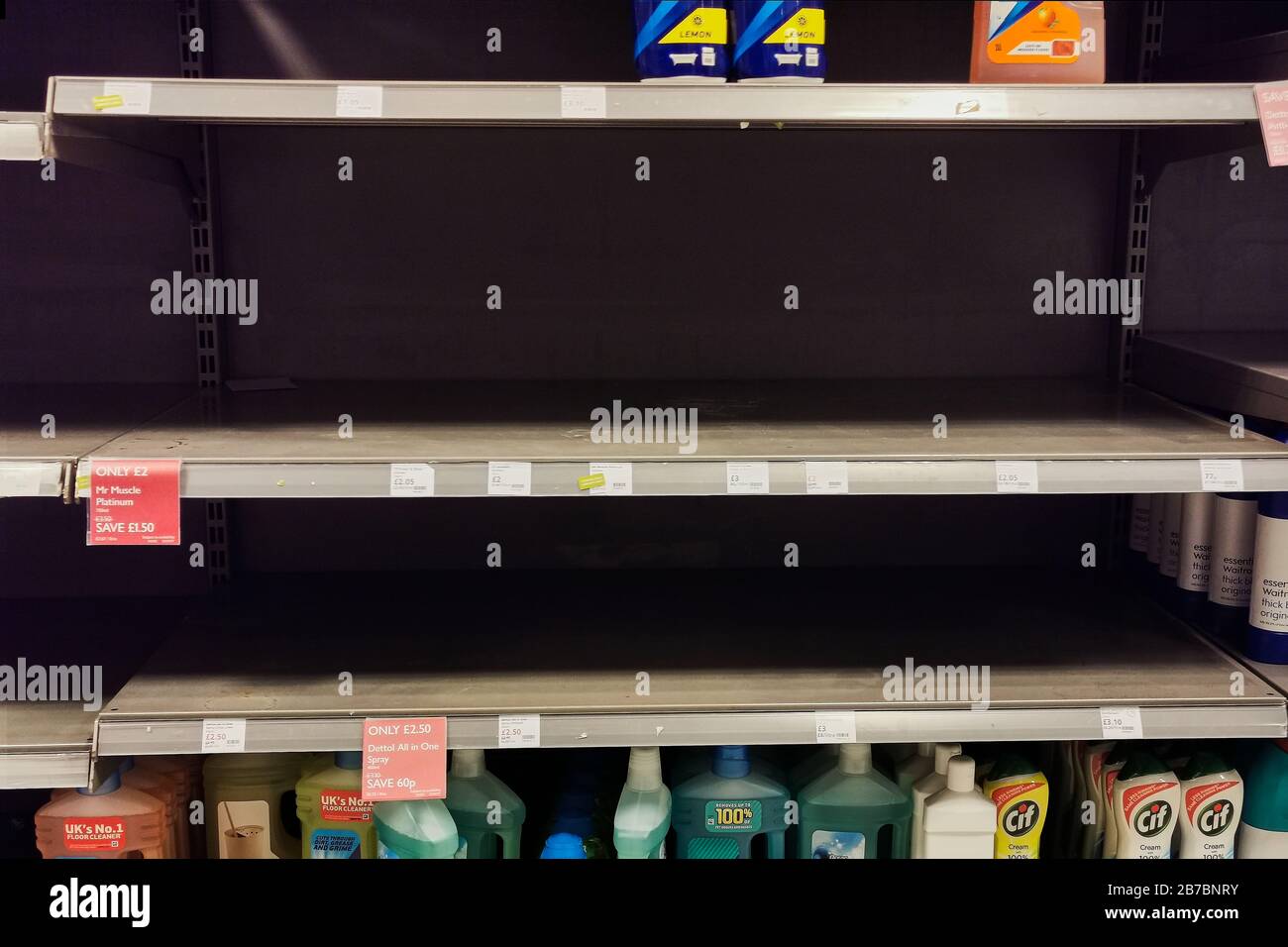 Empty shelves of househould cleaning products due to corona virus panic ...