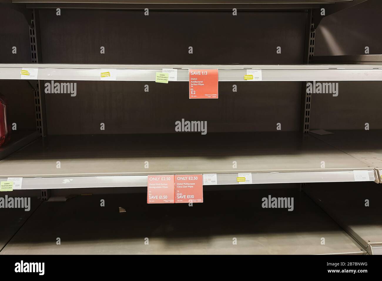 Empty shelves of antibacterial surface wipes due to corona virus panic ...