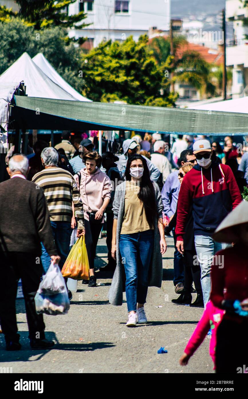 Limassol Cyprus March 14, 2020 View of an unidentified people with a ...