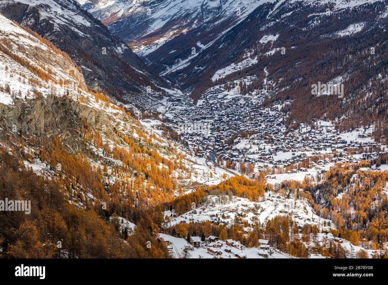 Aerial view over town of Zermatt, Switzerland, city surrounded by ...