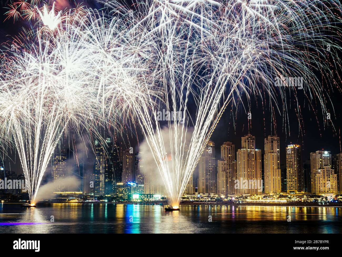 Fireworks display in Jumeirah Beach in Dubai Stock Photo - Alamy