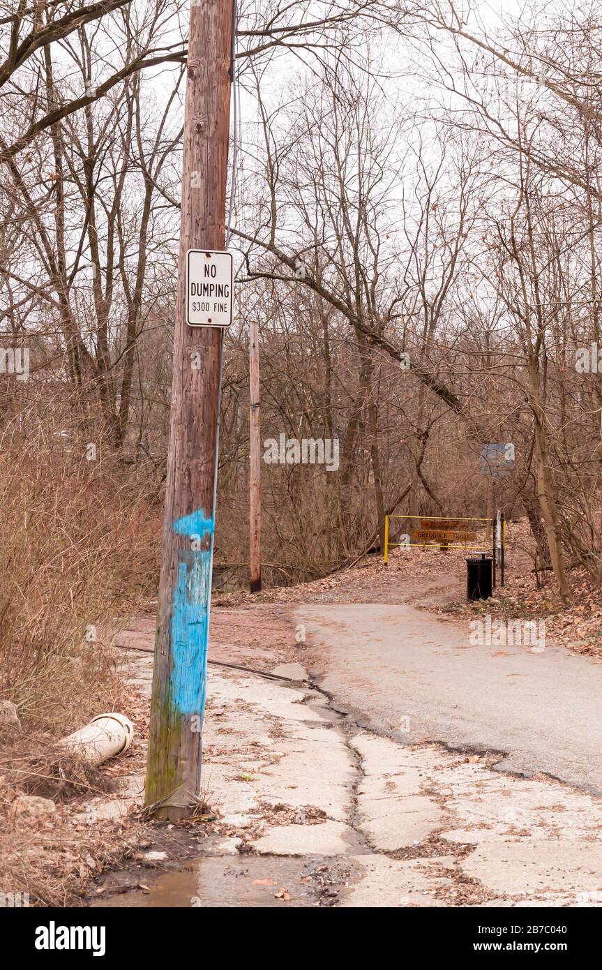 A no dumping sign on a telephone pole in front of the entrance to the ...