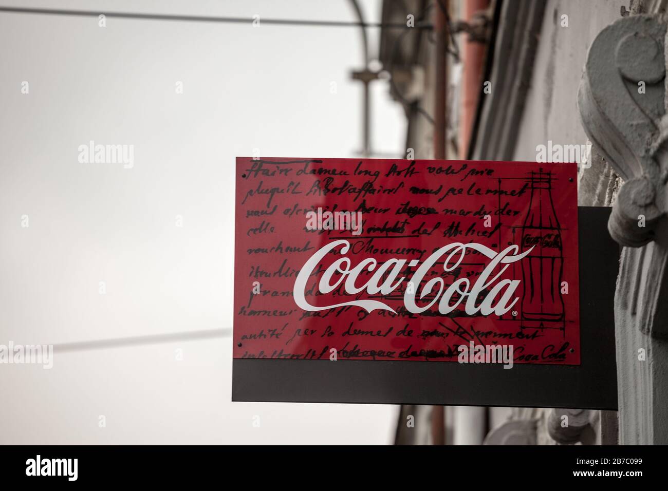 PRAGUE, CZECHIA - NOVEMBER 3, 2019: Coca Cola logo on a bar, a reseller ...