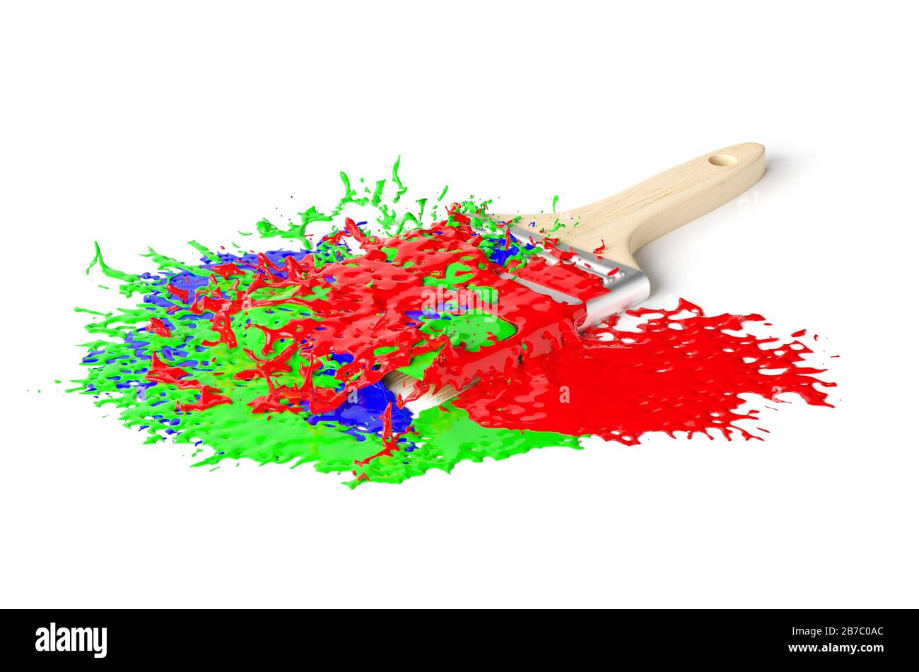 Red, green and blue paint splashing onto paint brush on white ...