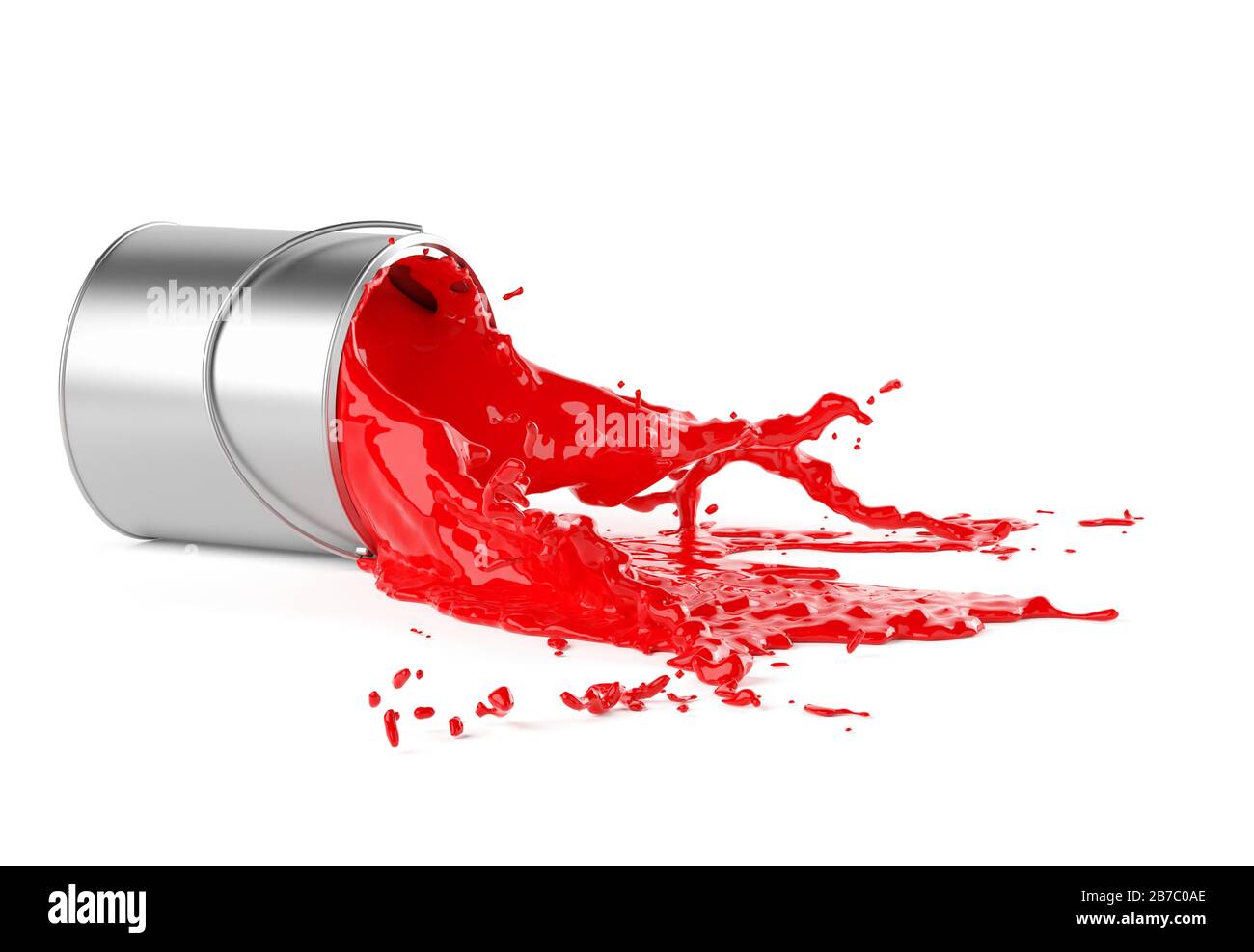 Red paint splashing from silver shiny paint bucket laying on floor on ...