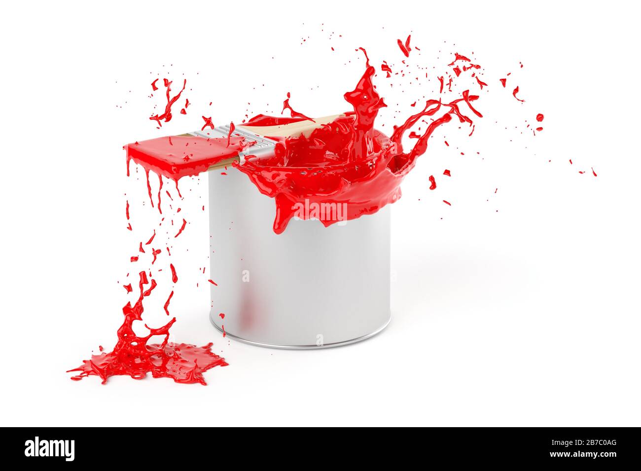 Red paint splashing from silver shiny paint bucket with paint brush on ...