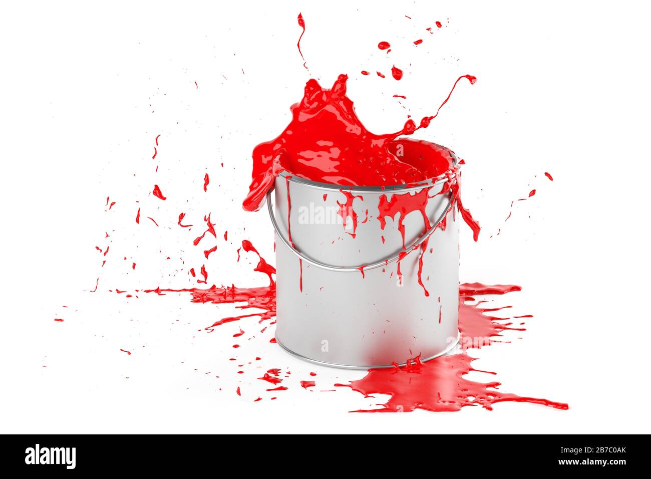 Red paint splashing from silver shiny paint bucket on to white ...