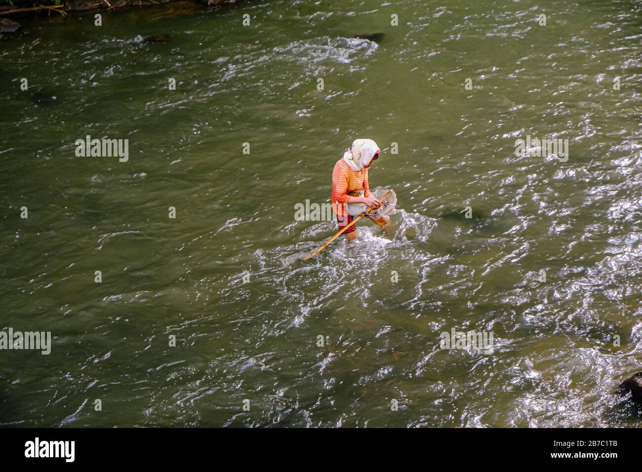 A woman catching freshwater fish in a river Stock Photo - Alamy