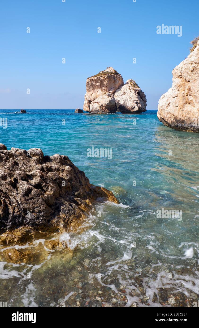 A hugh rock sea stack on the Aphrodite's (Petra of Romiou) beach ...